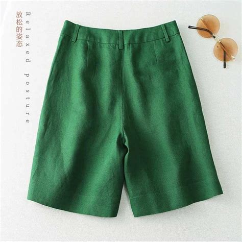 Badu Bg Ленени плътни ежедневни джобни копчета Дамски къси панталони с широки крачоли с висока