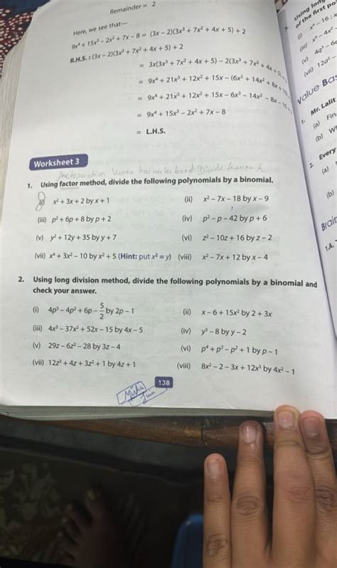 Using Long Division Method Divide The Following Polynomials By A Binomia