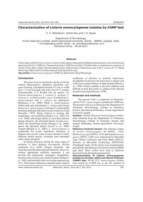 Pdf Characterization Of Listeria Monocytogenes Isolates By Camp Test