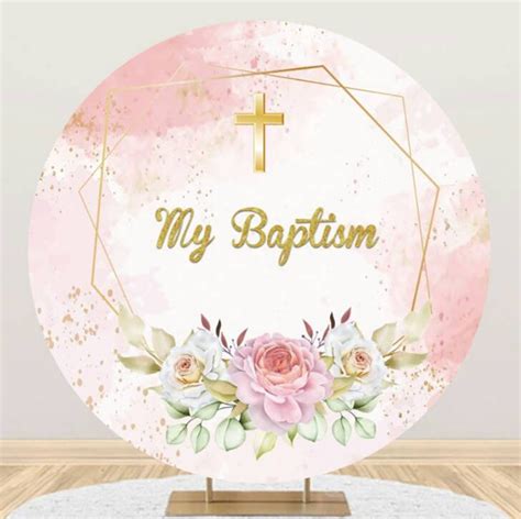 Flowers Round Cross Pink Backdrop Cover My Baptism Photography Backdrop