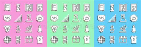 Set Line School Backpack Ringing Bell Hand Thumb Up Abacus Triangular Ruler Alphabet Book