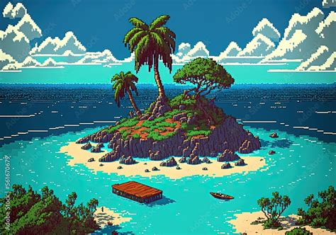 Pixel Art Paradise Island On The High Seas Background In Retro Style