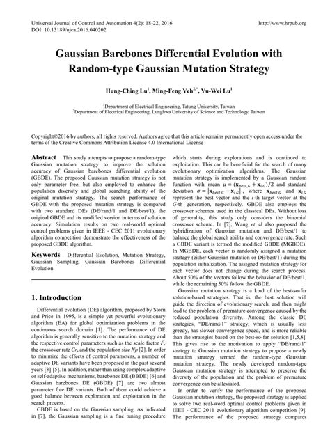 Pdf Gaussian Barebones Differential Evolution With Random Type Gaussian Mutation Strategy