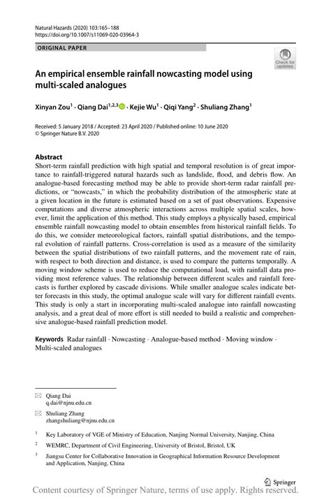 An Empirical Ensemble Rainfall Nowcasting Model Using Multi Scaled Analogues Request Pdf