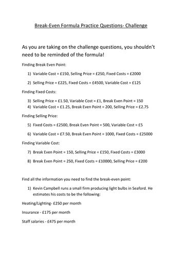 Break Even Formula Practice Questions Differentiated For Ability Teaching Resources