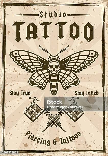 빈티지 문신 스튜디오 포스터 벡터 일러스트 레이 션 클래식 문신 기계와 나방 문신 가게 브랜딩 복고풍 디자인 미학에 적합합니다 공예에 대한 스톡 벡터 아트 및 기타 이미지
