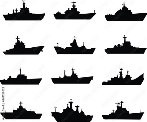 Military Warships Set Fighter Navy Ships Silhouette Military Vessels
