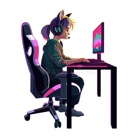 Asian Girl Gamer Or Streamer With A Headset Sits In Front Of A Computer