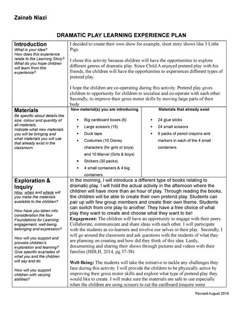 Planning Form Assignment Zainab Niazi Dramatic Play Learning Experience Plan Introduction What