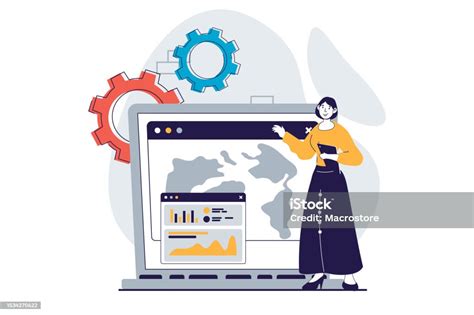 웹을 위한 플랫 디자인에서 사람들 장면이 있는 세계 경제 개념 마케팅 보고서를 위해 전 세계 재무 데이터를 다루는 여성 소셜 미디어 배너 마케팅 자료에 대한 벡터 그림입니다