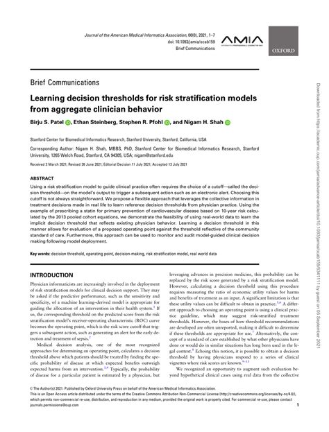 Pdf Learning Decision Thresholds For Risk Stratification Models From Aggregate Clinician Behavior