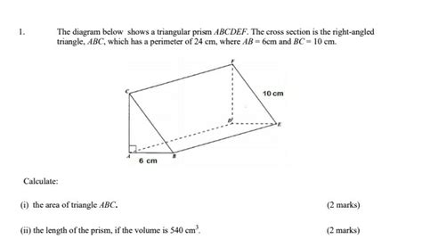 solved 1 the diagram below shows a triangular prism abcdef the cross
