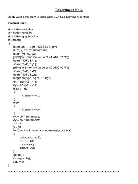 experiment no 2 aim write a program to implement dda line drawing