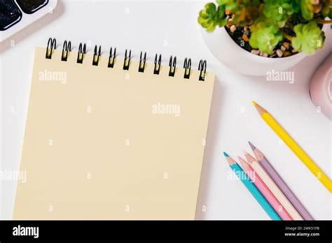 Artistic Sketch Book With Empty Space Or Copy Space Artistic Work Table Watercolor Palette And