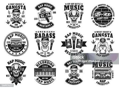 흰색 배경에 고립 된 흑백 스타일의 12 벡터 엠블럼 라벨 배지 또는 로고의 랩 및 힙합 세트 T 셔츠에 대한 스톡 벡터 아트 및 기타 이미지 Istock