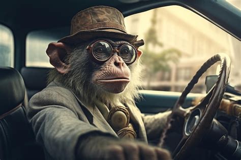 Premium Photo A Playful Closeup Of A Monkey Driving A Car