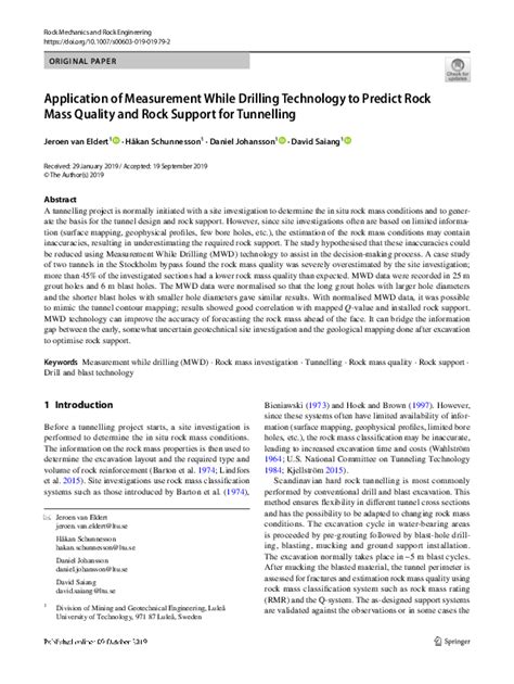 Pdf Application Of Measurement While Drilling Technology To Predict Rock Mass Quality And Rock