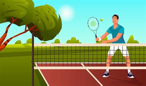 젊은 남성 남자 소년 테니스 선수는 공 라켓 놀이터 그물 필드를 쳤다 외부 공원 자연 테니스 액션 활동 프로 스포츠맨 놀이 훈련 놀이 운동 벡터 그림 가냘픈에 대한 스톡