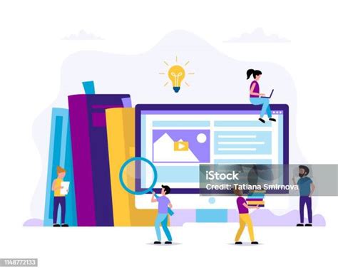 학습과 독서 교육 서적 대학 연구 과정에 대 한 개념 그림 다양 한 작업을 수행 하는 작은 사람들과 평면 스타일의 벡터 일러스트 레이 션 컴퓨터에 대한 스톡 벡터 아트 및