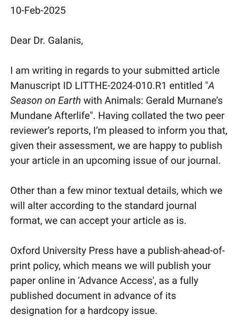 I Have Received Wonderful News That My First Peer Reviewed Journal