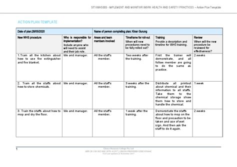 Whs Training Action Plan Template Pdf Safety Wellness