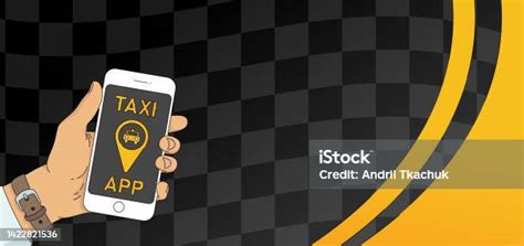 택시 응용 프로그램 배너입니다 택시 대여 서비스 앱으로 스마트 폰을 들고 손을 잡고 택시 온라인 주문 벡터 일러스트레이션입니다 개념에 대한 스톡 벡터 아트 및 기타 이미지