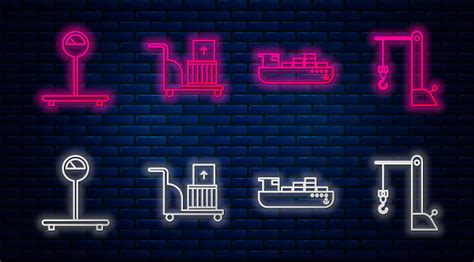 세트 라인 전기 손 트럭 및 상자 상자 배달 서비스 규모와 항구 포트 크레인화물 선박 벽돌 벽에 빛나는 네온 아이콘입니다 벡터 건설 산업에 대한 스톡 벡터 아트 및 기타