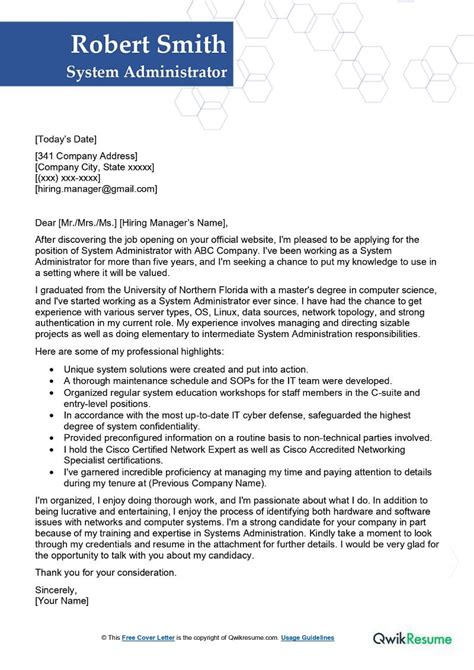 System Administrator Cover Letter Examples Qwikresume