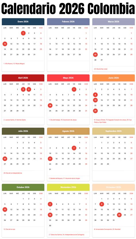 Calendario Festivos 2026 Colombia