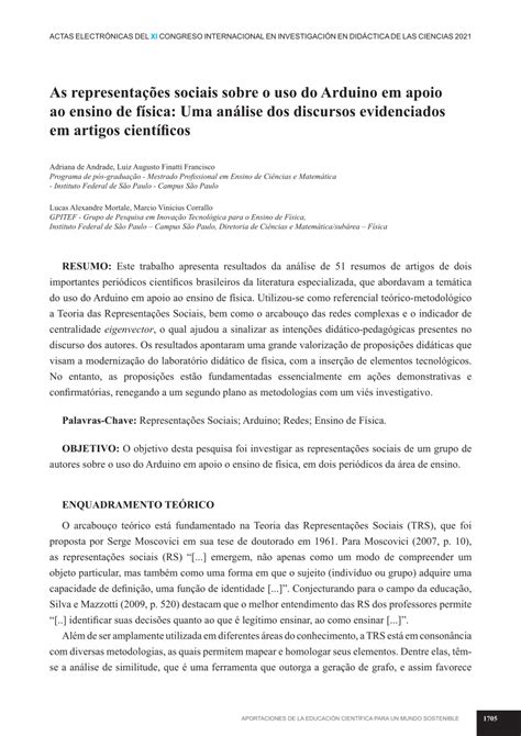 PDF As representações sociais sobre o uso do Arduino em apoio ao ensino de física Uma análise
