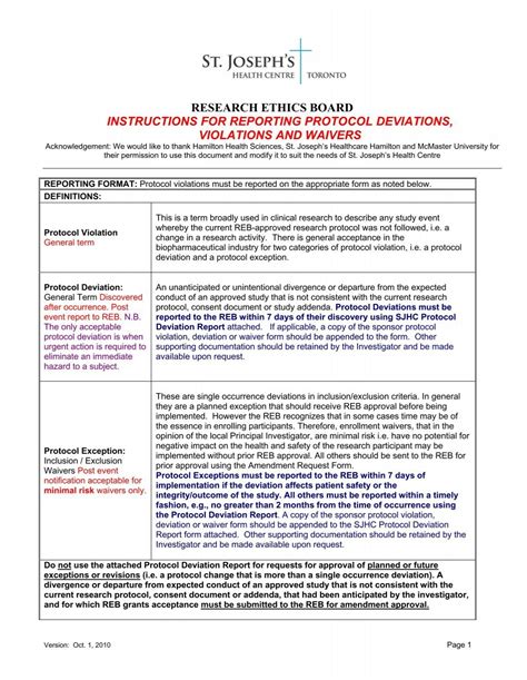 Instructions For Reporting Protocol Deviations Violations And Waivers