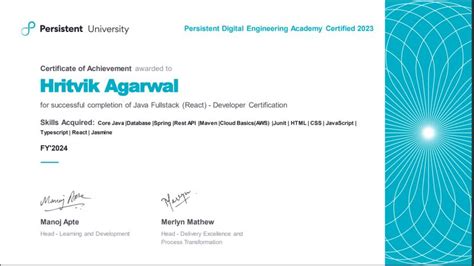 Hritvik Agarwal On Linkedin Persistentuniversity Javafullstack React Certification