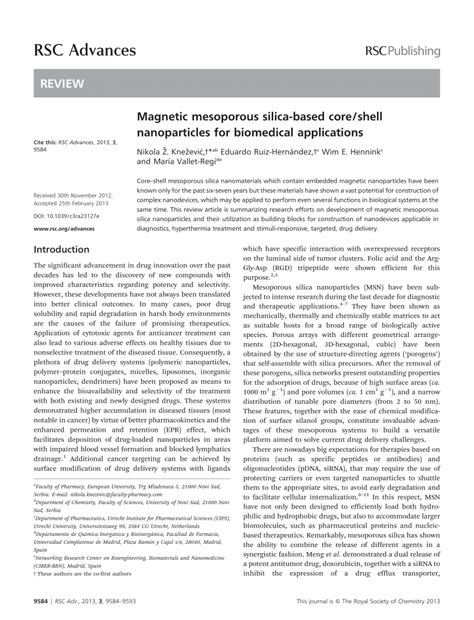 Pdf Magnetic Mesoporous Silica Based Core Shell Nanoparticles For Biomedical Applications