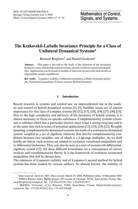 Pdf The Krakovskii Lasalle Invariance Principle For A Class Of Unilateral Dynamical Systems