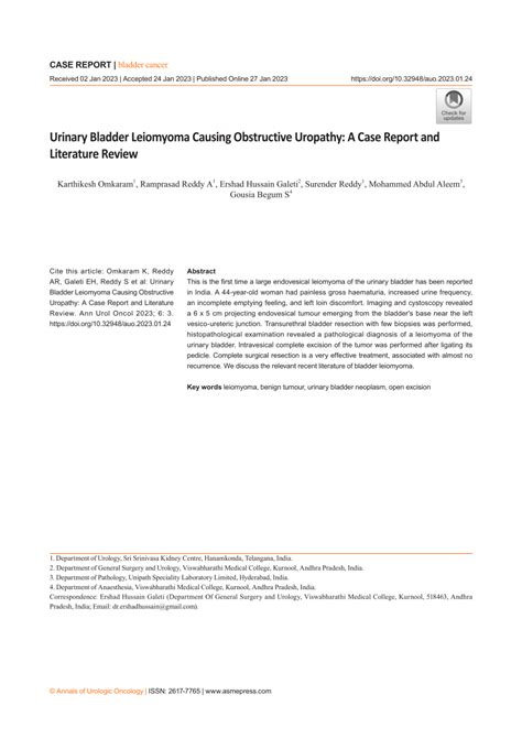 Pdf Urinary Bladder Leiomyoma Causing Obstructive Uropathy A Case Report And Literature Review