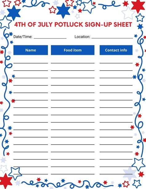 Free Printable 4th Of July Potluck Sign Up Sheets