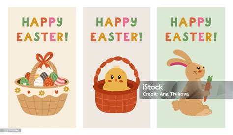 푹신푹신한 토끼 바구니에 담긴 아기 병아리 그린 부활절 달걀 패키지가 있는 멋진 다채로운 해피 부활절 포스터 세트 봄철 배너 표지 손으로 그린 그림이 있는 배경의 간단한