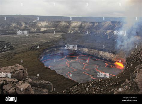 The Lava Lake In Halemaumau Crater Filled With Molten Magma In A Flow