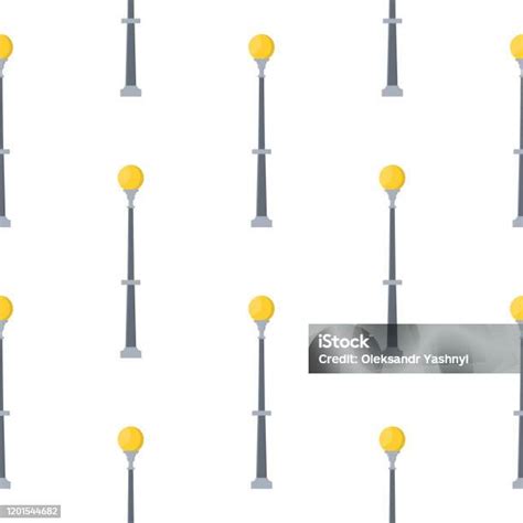 흰색 배경에 고립 된 가로등 만화와 원활한 패턴 현대적이고 빈티지 한 가로등 조경 건설을위한 요소 디자인 웹 포장지에 대한 벡터 그림 가로등에 대한 스톡 벡터 아트 및 기타