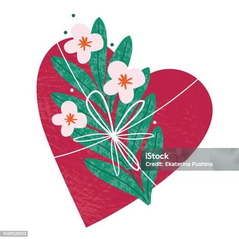 꽃과 활로 장식 된 큰 빨간 심장 흰색 배경에 격리된 낭만적인 사랑의 상징 발렌타인 데이 포스터 엽서 배너 스티커 아이콘에 대 한 손으로 그린 벡터 그림 2월에 대한 스톡