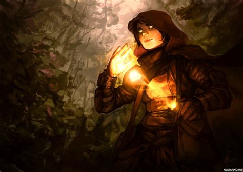 Девушка друид в капюшоне призывает огонёк из бутылки — Рисунки на аву