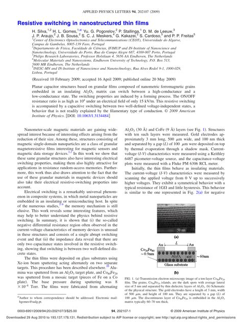 Pdf Resistive Switching In Nanostructured Thin Films