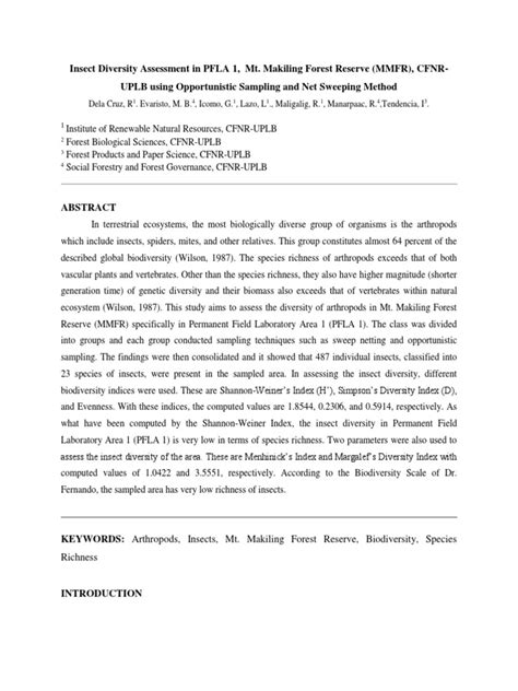 Insect Diversity Assessment In Pfla 1 Mt Makiling Forest Reserve