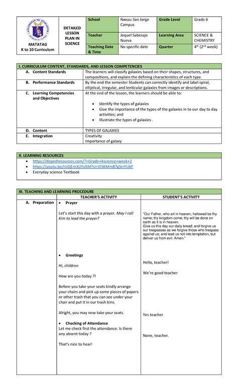 Grade 6 Science Lesson Plan Types Of Galaxies K To 10 Curriculum