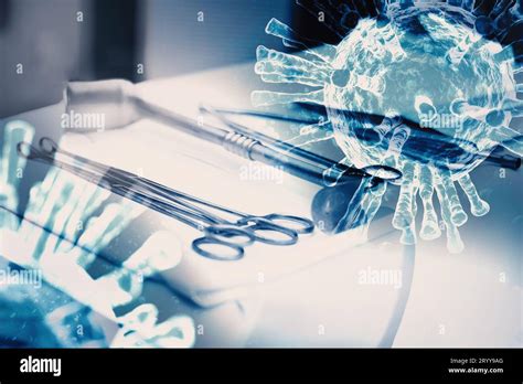 Closeup Surgery Instrument And Sterile Tools Set With Virus In