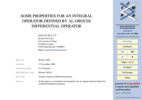 Pdf Some Properties For An Integral Operator Defined By Al Oboudi Differential Operator