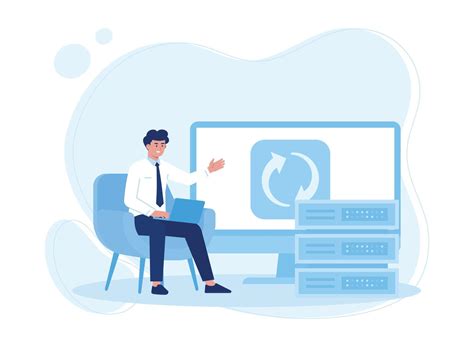 Man With Laptop Synchronizing Big Data Concept Flat Illustration