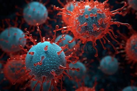 Detailed 3d Rendering Of Virus Particles In Red And Blue Depicting A Microscopic View Of A