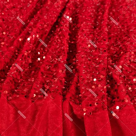 Sparkly 5mm Bright Red Sequins On Stretch Velvet Fabric Oneyard