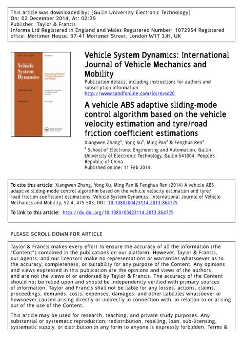 Pdf A Vehicle Abs Adaptive Sliding Mode Control Algorithm Based On